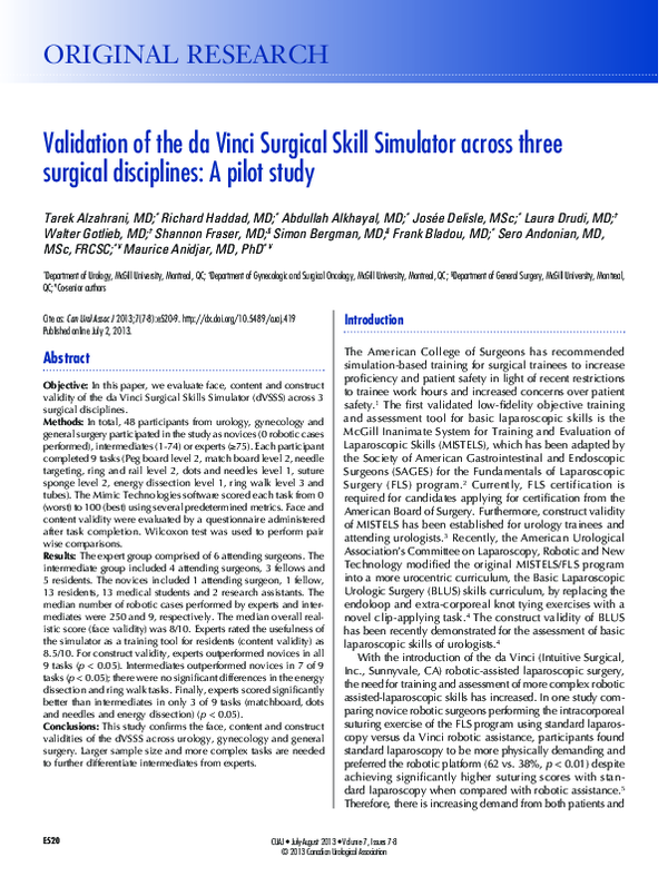 (PDF) Validation of the da Vinci Surgical Skill Simulator across three ...