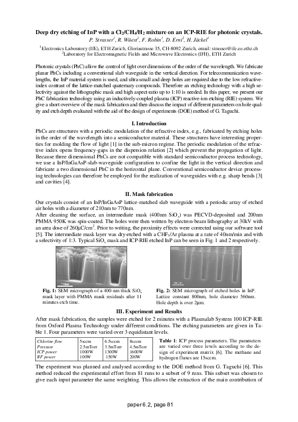 (PDF) Deep dry etching of InP with a Cl 2 /CH 4 /H 2 mixture on an ICP-RIE for photonic crystals