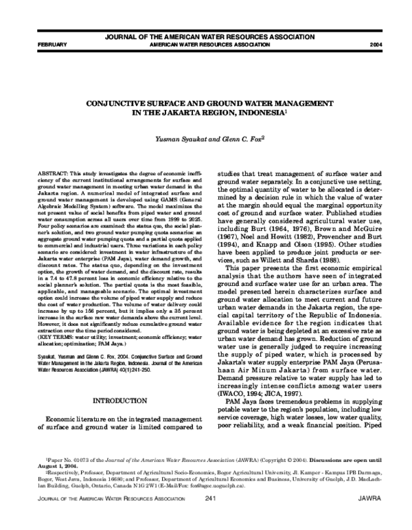 Pdf Conjunctive Surface And Ground Water Management In The Jakarta Region Indonesia