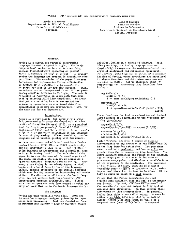 (PDF) Prolog - the language and its implementation compared with Lisp