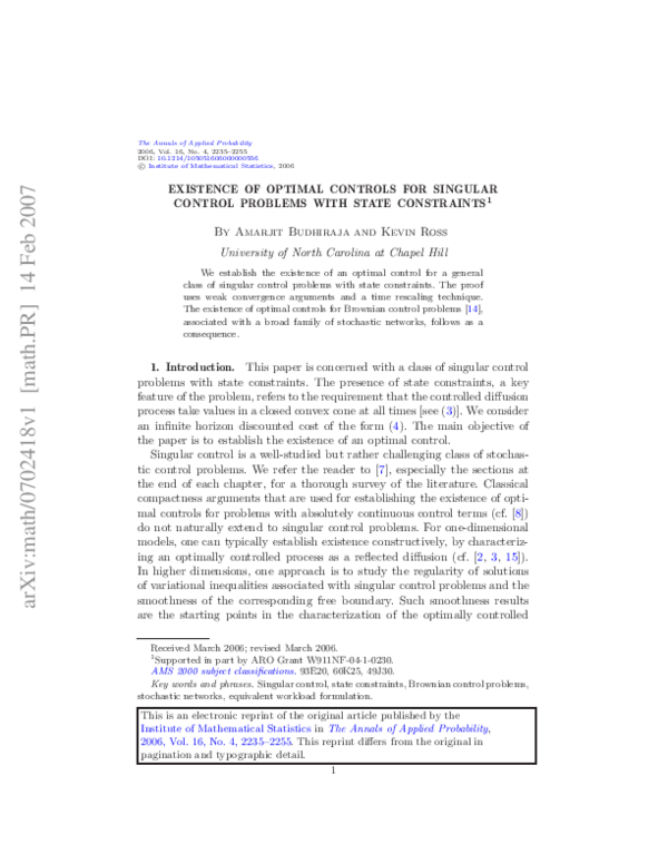 Pdf Existence Of Optimal Controls For Singular Control Problems With State Constraints