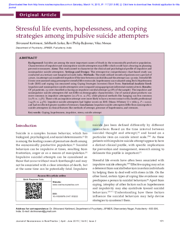 (PDF) Stressful life events, hopelessness, and coping strategies among ...