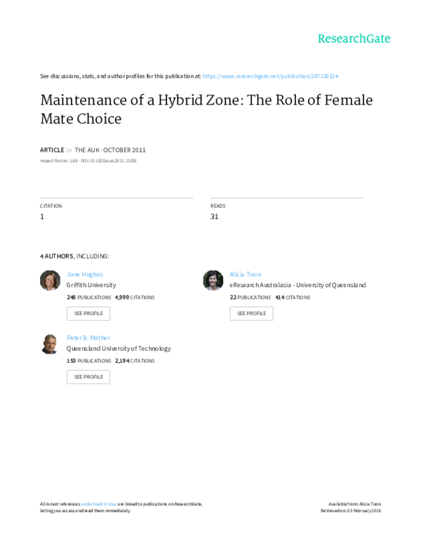 (PDF) Maintenance of a hybrid zone: The role of female mate choice