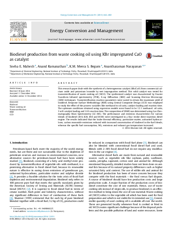 (PDF) Biodiesel production from waste cooking oil using a heterogeneous ...