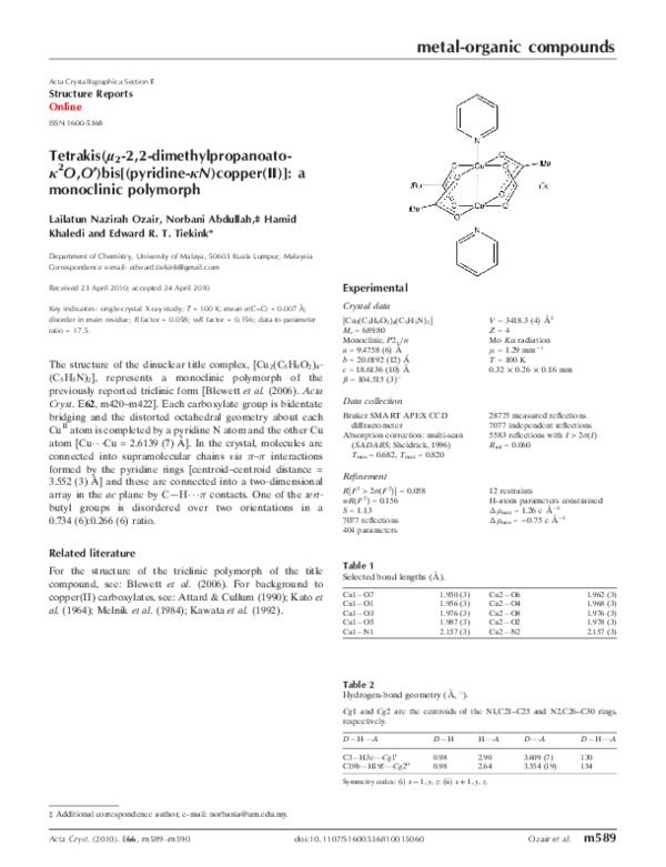 (PDF) Tetrakis(μ 2 -2,2-dimethylpropanoato-κ 2 O , O ′)bis[(pyridine-κ N )copper(II)]: a ...