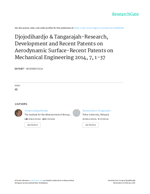 (PDF) Djojodihardjo & Tangarajah-Research, Development and Recent Patents on Aerodynamic Surface ...