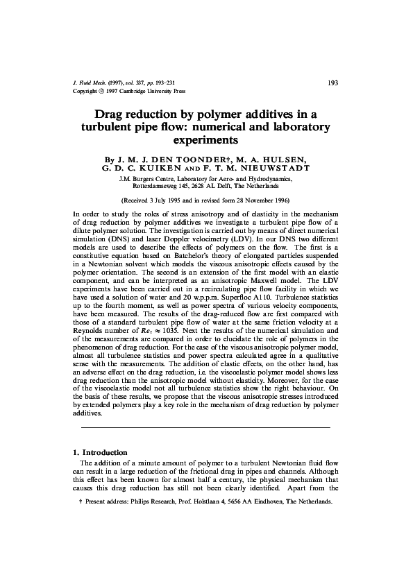 (PDF) Drag reduction by polymer additives in a turbulent channel flow