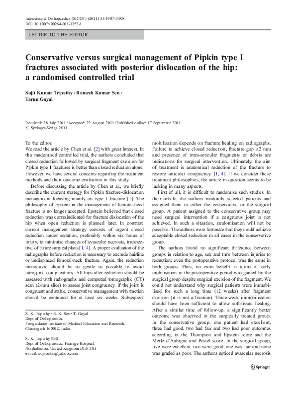 (PDF) Conservative versus surgical management of Pipkin type I ...