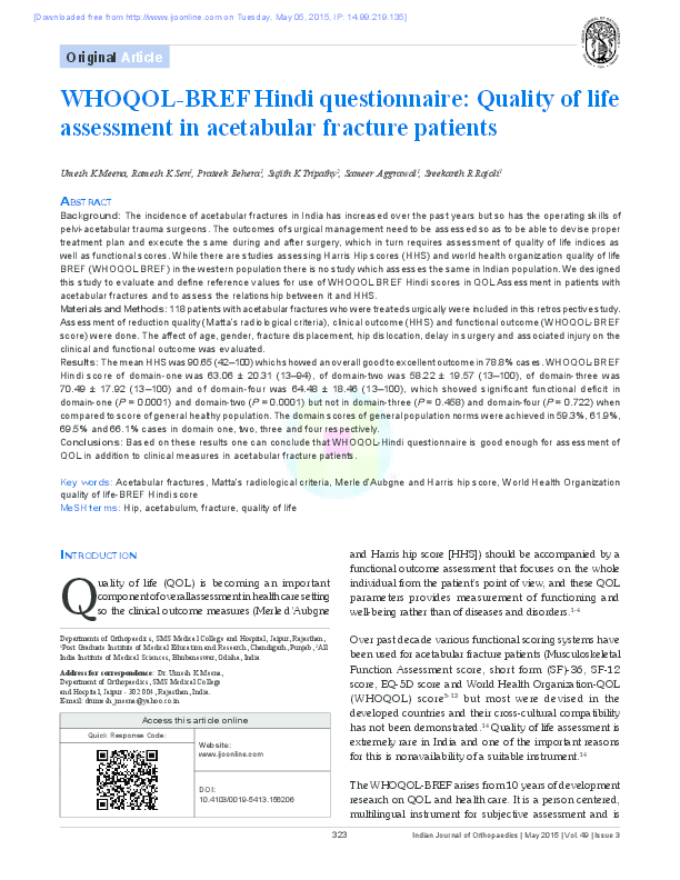 (PDF) WHOQOL-BREF Hindi questionnaire: Quality of life assessment in ...