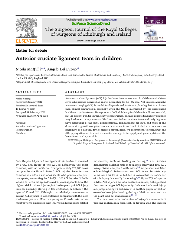 (PDF) Anterior cruciate ligament tears in children