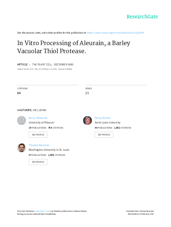 (PDF) In vitro Processing of Aleurain, a Barley Vacuolar Thiol Protease
