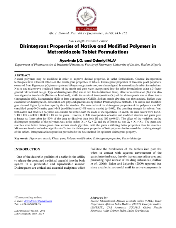 (PDF) Disintegrant Properties of Native and Modified Polymers in ...