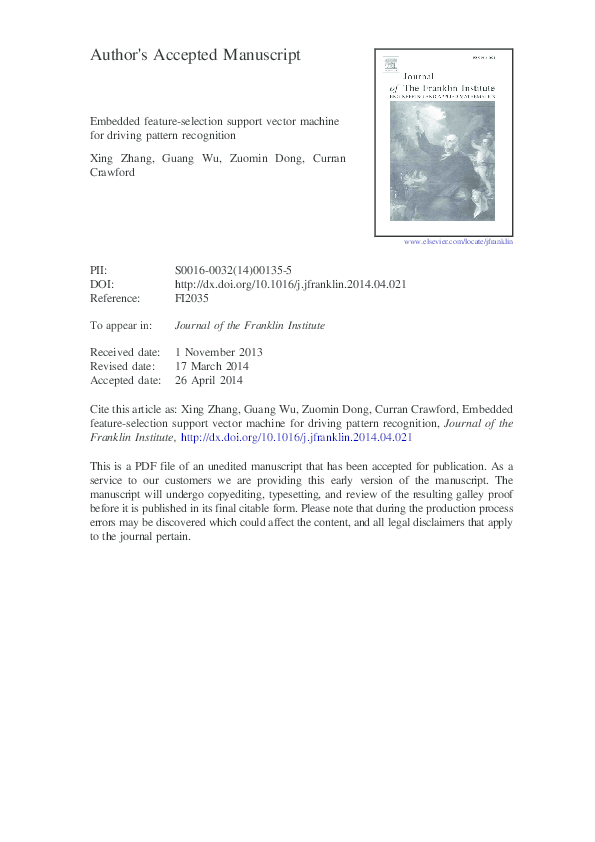 Pdf Embedded Feature Selection Support Vector Machine For Driving Pattern Recognition