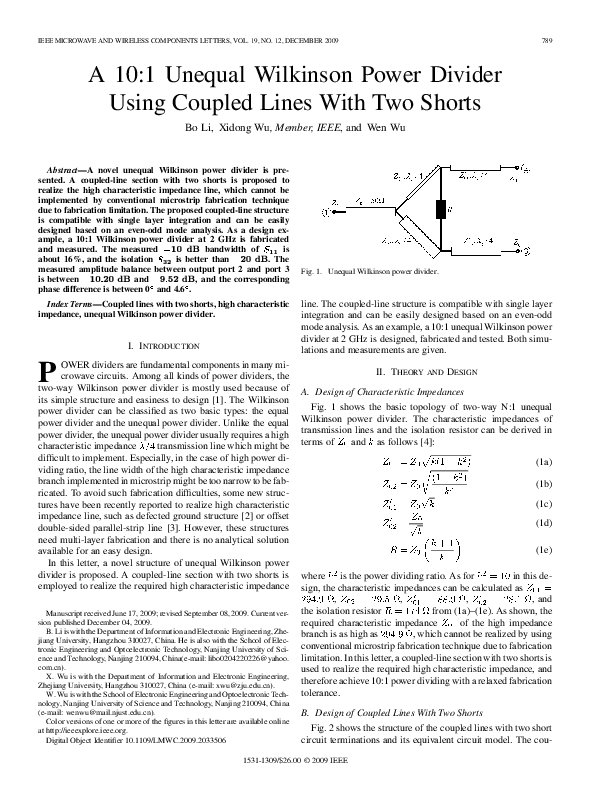 (PDF) A 10:1 Unequal Wilkinson Power Divider Using Coupled Lines With Two Shorts