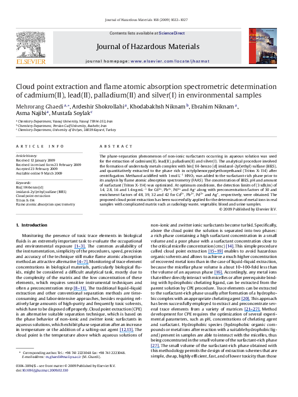 (PDF) Cloud Point Extraction and Flame Atomic Absorption Spectrometry Determination of Lead (II ...