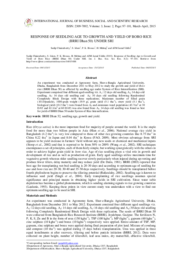 (PDF) Response of seedling age to growth and yield of boro rice (BRRI ...