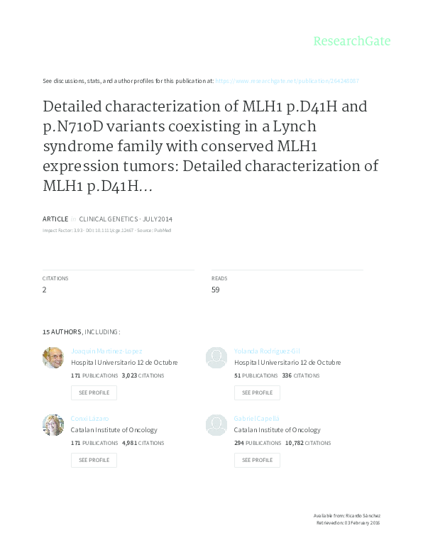 Pdf Detailed Characterization Of Mlh1 P D41h And P N710d Variants