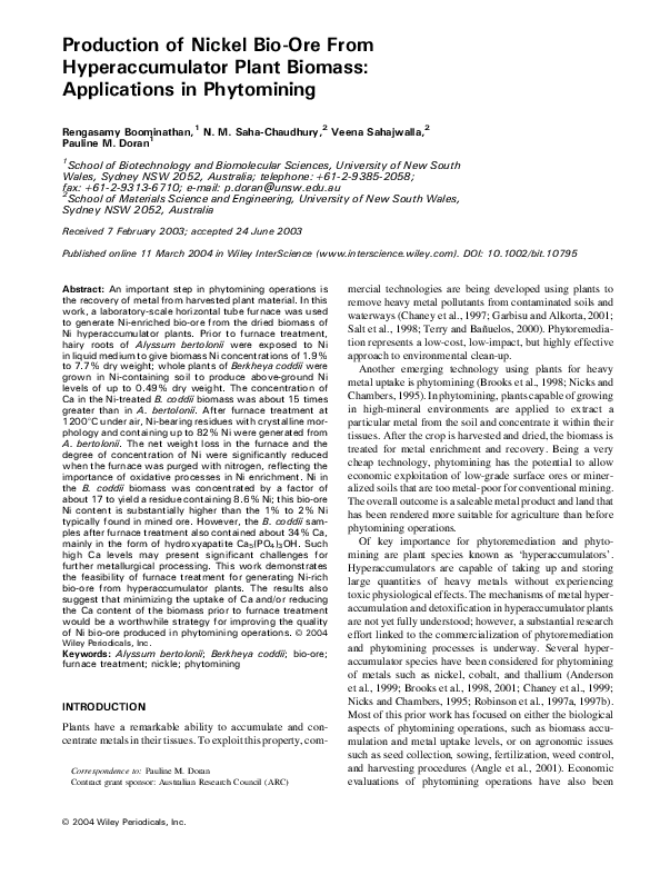 (PDF) Production of nickel bio-ore from hyperaccumulator plant biomass ...