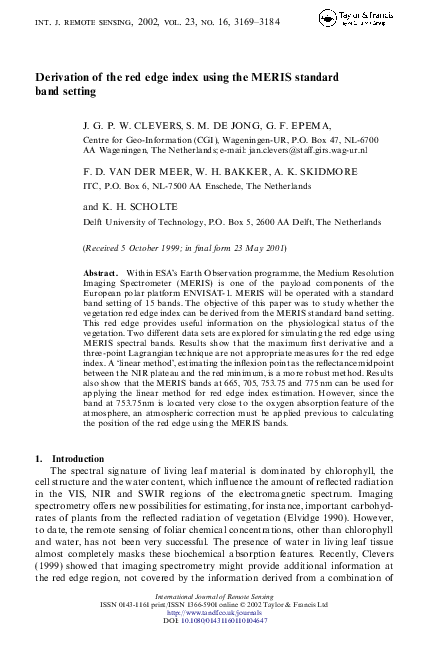 (PDF) Derivation of the red edge index using the MERIS standard band ...
