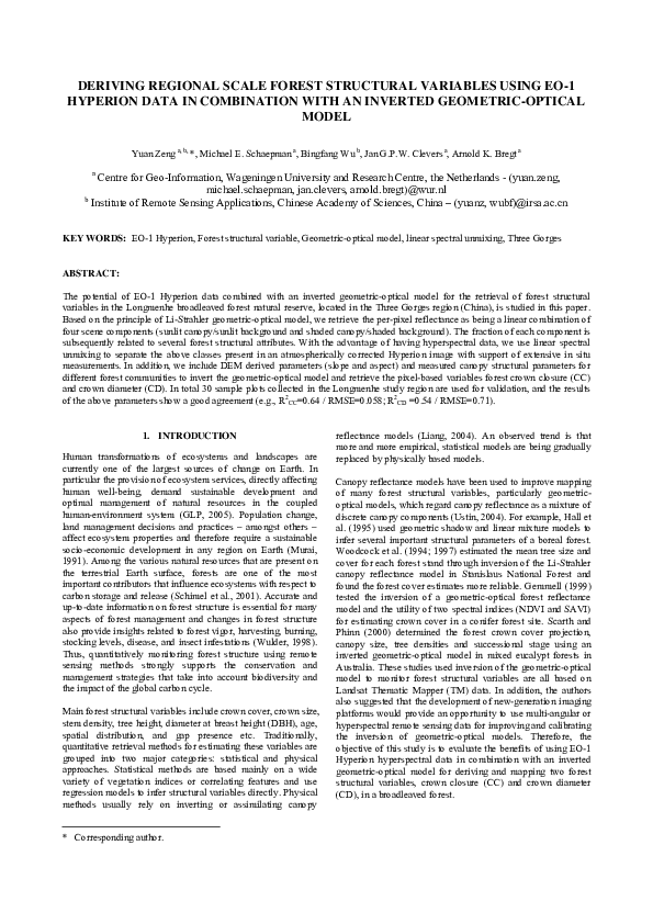 Pdf Deriving Regional Scale Forest Structural Variables Using Eo 1 Hyperion Data In