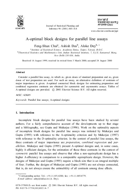 (PDF) A-optimal block designs for parallel line assays