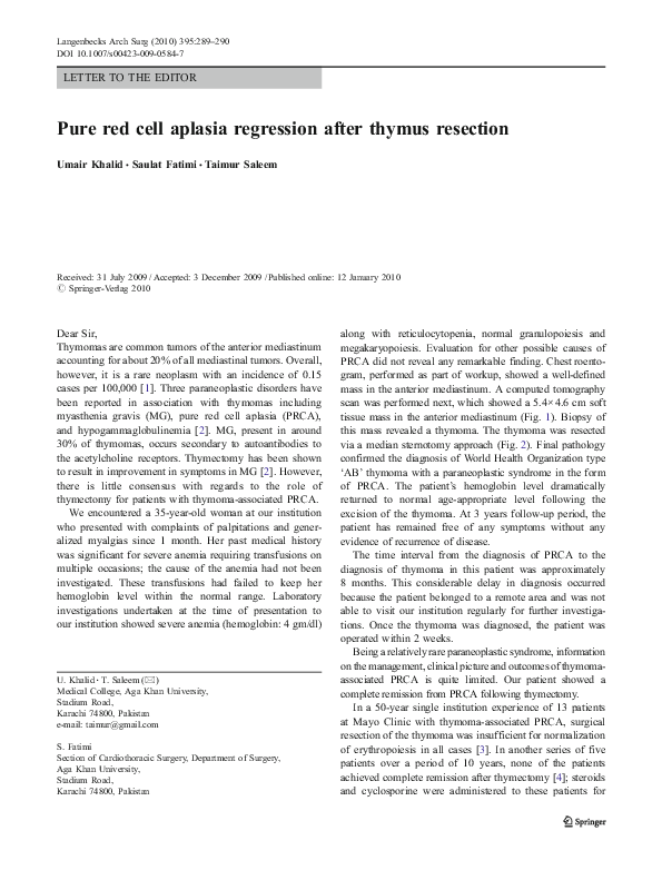 (PDF) Pure red cell aplasia regression after thymus resection