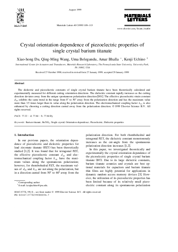 (PDF) Crystal orientation dependence of piezoelectric properties of ...