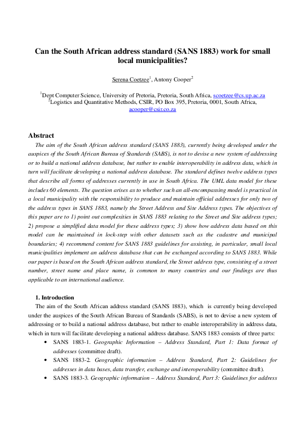 (PDF) Can the South African address standard (SANS 1883) work for small ...