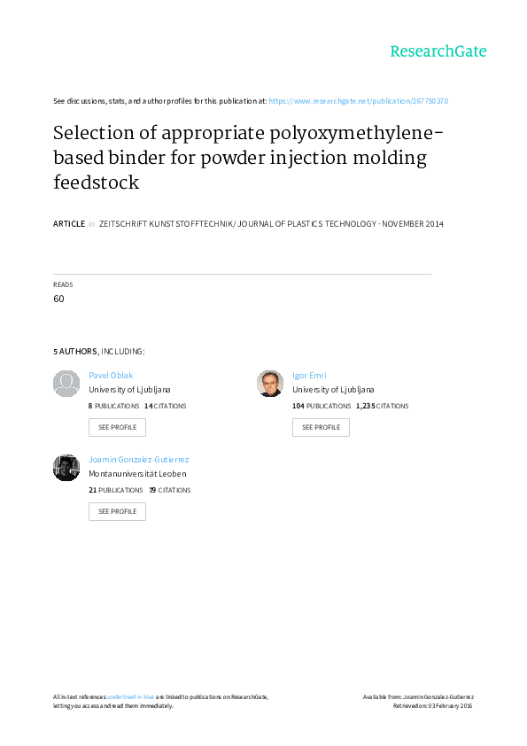 (PDF) Selection of appropriate polyoxymethylene-based binder for powder ...