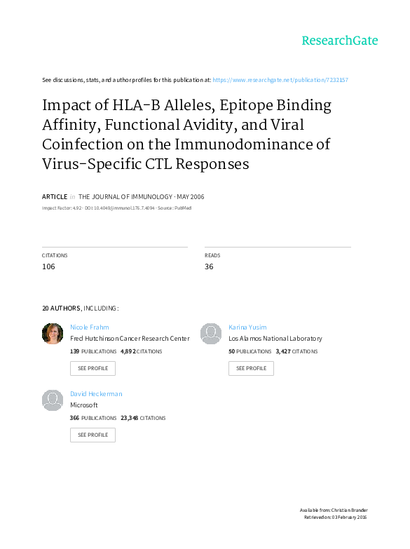 (PDF) Impact of HLA-B Alleles, Epitope Binding Affinity, Functional ...