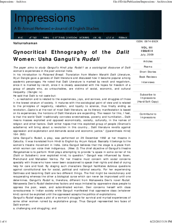 (PDF) Gynocritical Ethnography of the Dalit Women: Usha Ganguli’s Rudali