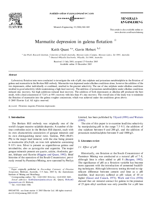 (PDF) Marmatite depression in galena flotation