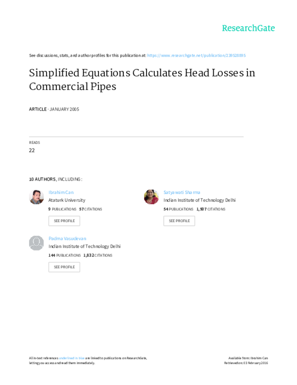 (PDF) Simplified Equations Calculates Head Losses in Commercial Pipes