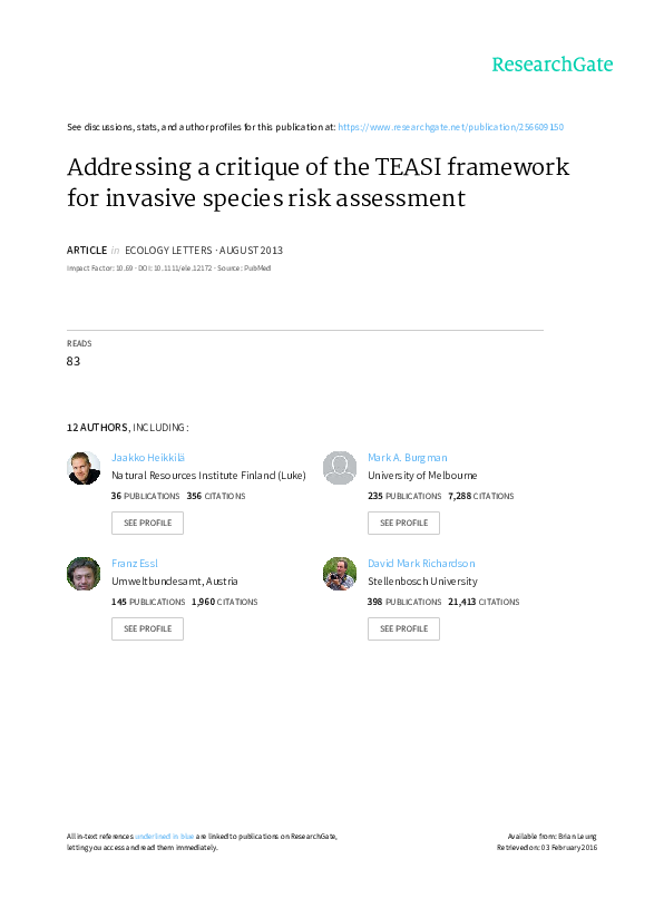 (PDF) Addressing a critique of the TEASI framework for invasive species ...