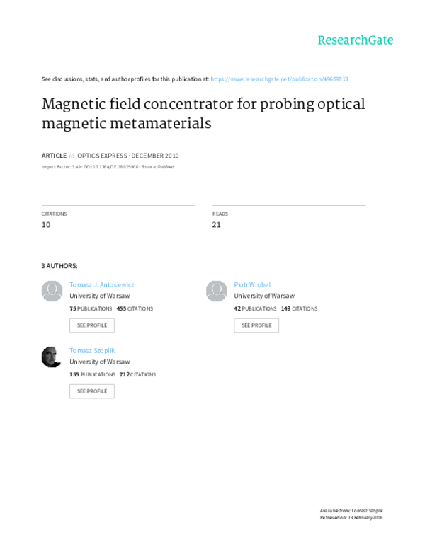 (PDF) Magnetic field concentrator for probing optical magnetic ...