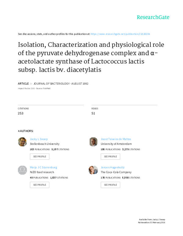 (PDF) Isolation, characterization, and physiological role of the pyruvate dehydrogenase complex ...