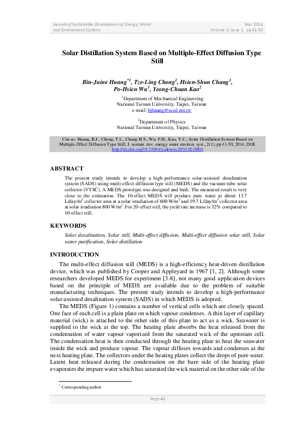 (PDF) Solar Distillation System Based on Multiple-Effect Diffusion Type ...