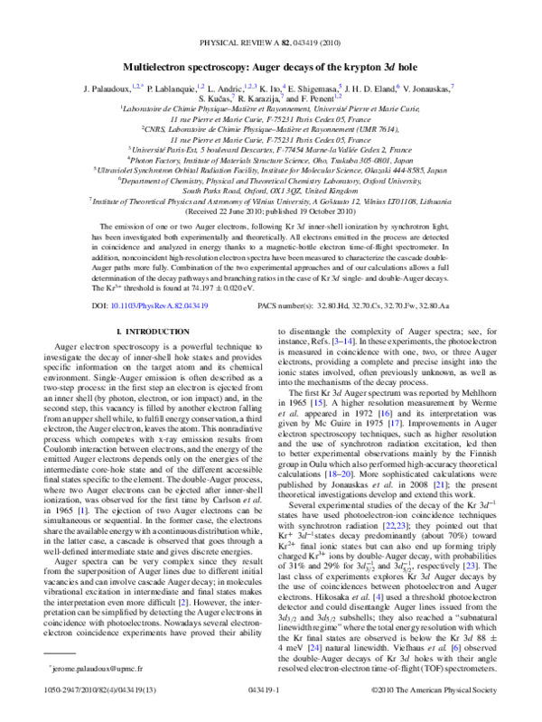 (PDF) Multielectron spectroscopy: Auger decays of the krypton 3 d and 3 ...