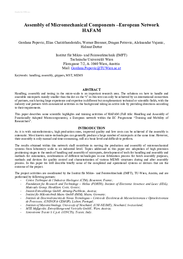 (PDF) Design, test, integration and packaging of MEMS/MOEMS, 2005