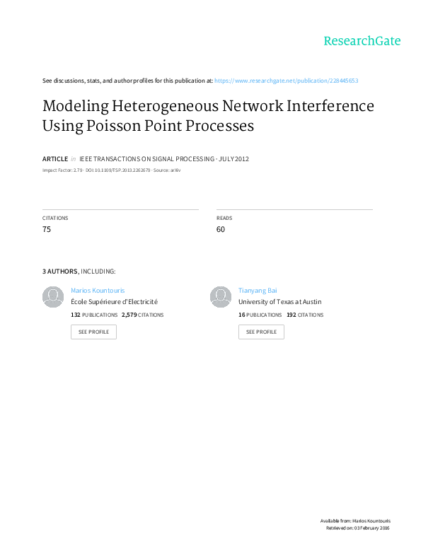 (PDF) Modeling Heterogeneous Network Interference Using Poisson Point Processes