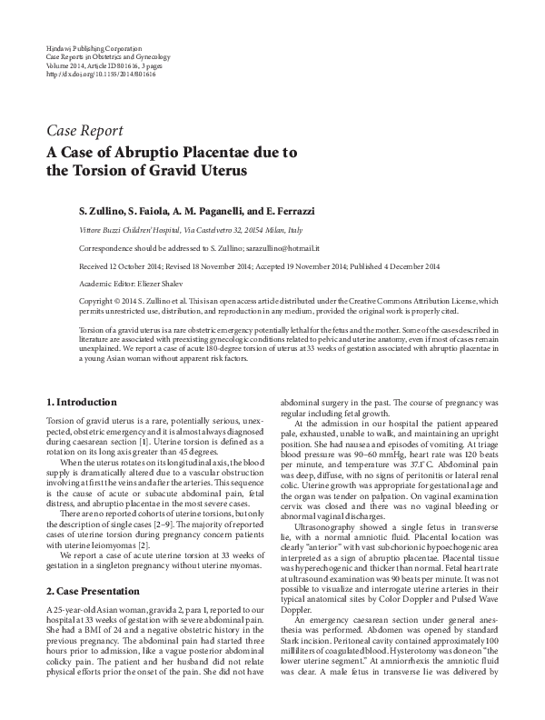 (PDF) A Case of Abruptio Placentae due to the Torsion of Gravid Uterus