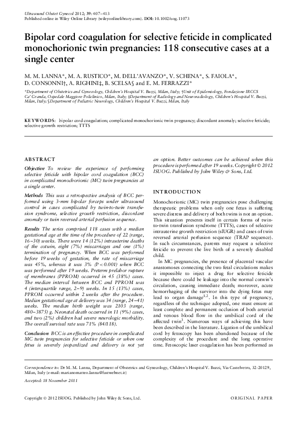 (PDF) Bipolar cord coagulation for selective feticide in complicated ...