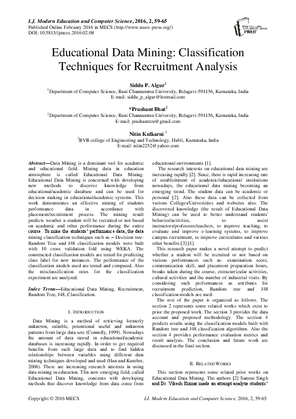 (PDF) Educational Data Mining: Classification Techniques for Recruitment Analysis