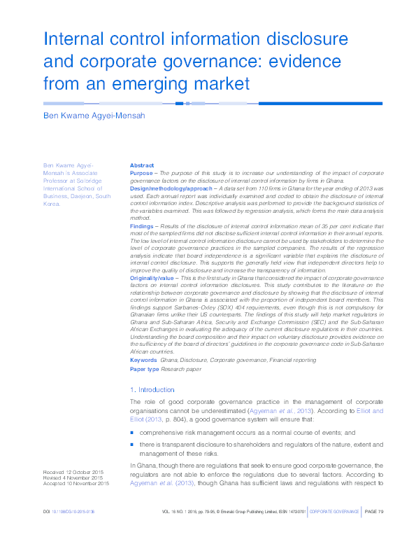 (PDF) Internal control information disclosure and corporate governance: evidence from an ...