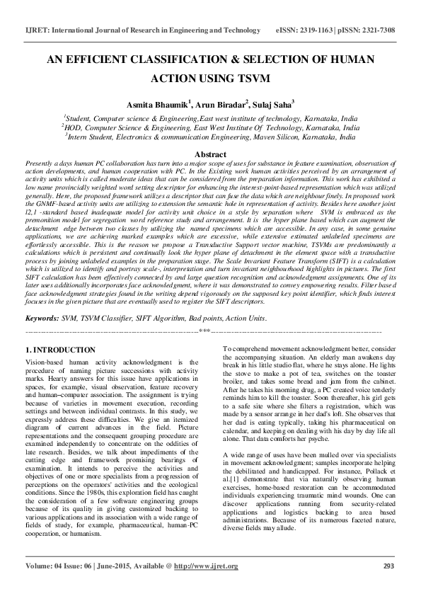 (PDF) AN EFFICIENT CLASSIFICATION & SELECTION OF HUMAN ACTION USING TSVM