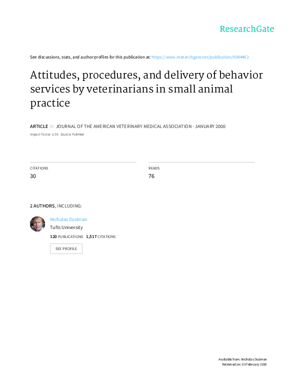 (PDF) Attitudes, procedures, and delivery of behavior services by veterinarians in small animal ...