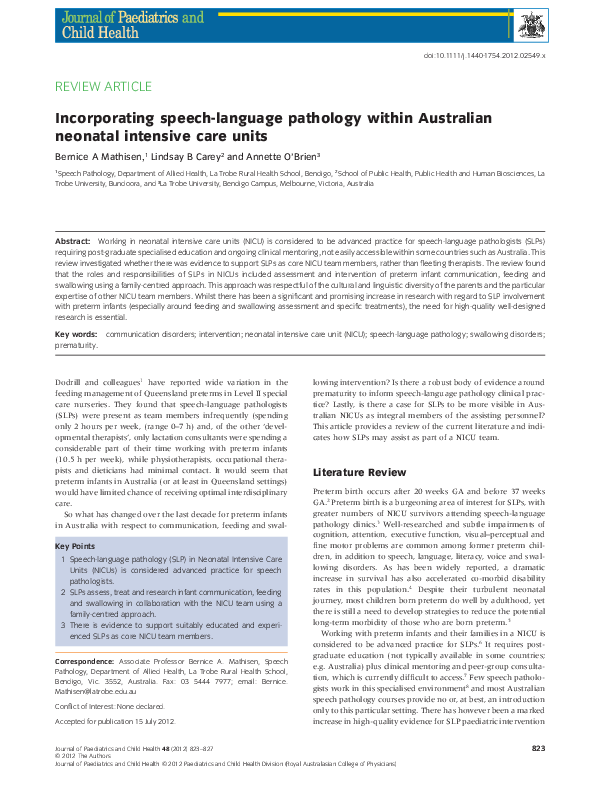 (PDF) Incorporating speech-language pathology within Australian ...