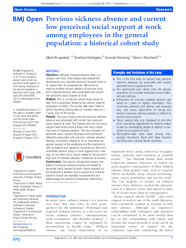 (PDF) Previous sickness absence and current low perceived social ...