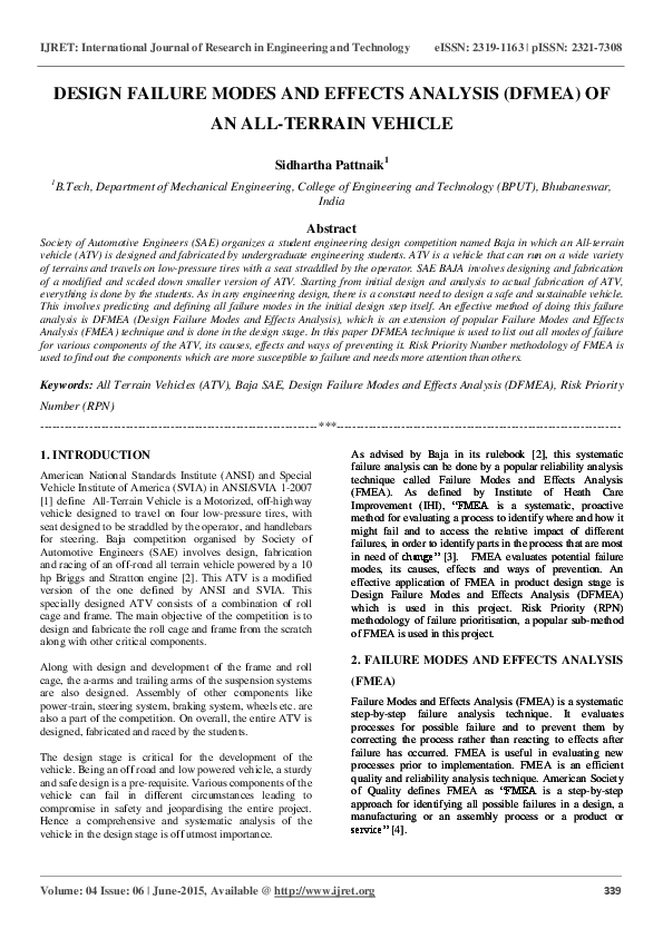 (PDF) DESIGN FAILURE MODES AND EFFECTS ANALYSIS (DFMEA) OF AN ALL ...