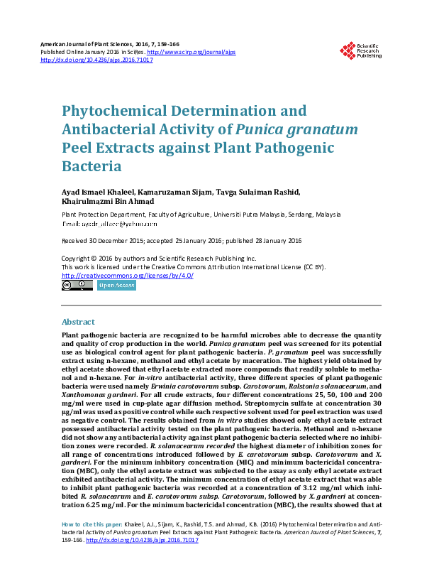 (PDF) Phytochemical Determination and Antibacterial Activity of Punica granatum Peel Extracts ...